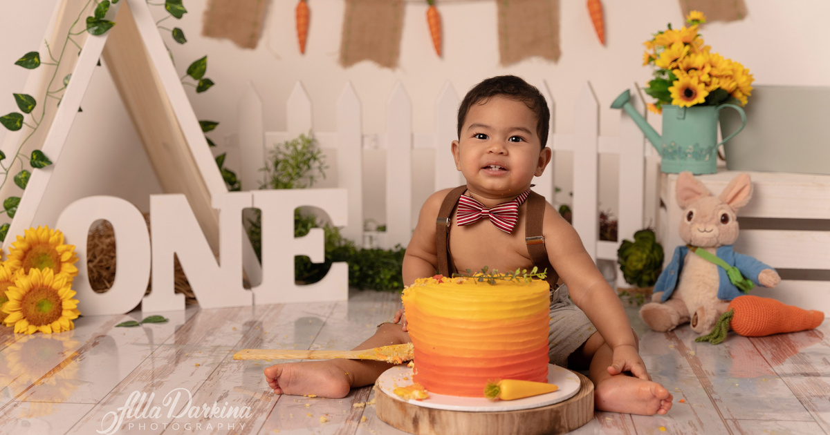 Peter rabbit cake smash for one-year-old baby. Newborn and family ...